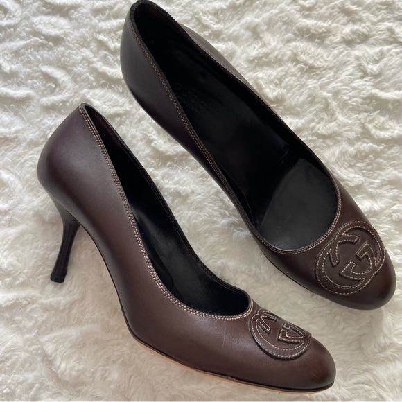 Gucci | Shoes | Gucci Interlocking Gg Logo Pumps Brown Leather Stiletto ...